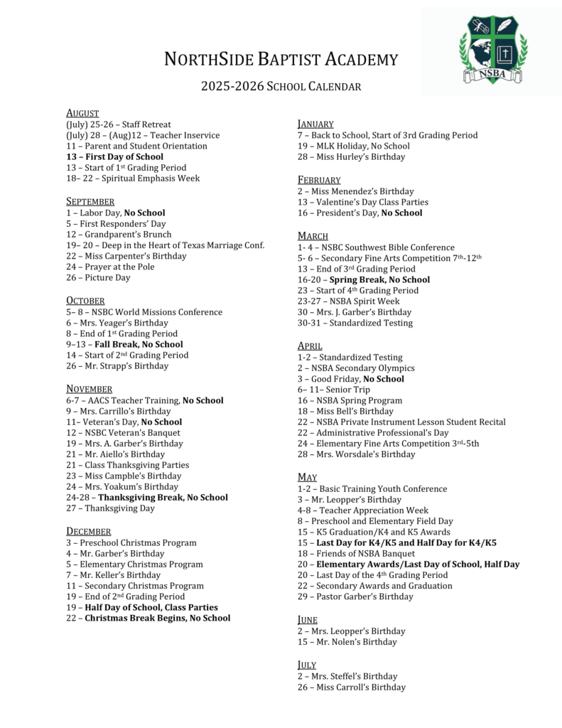 Calendar | North Side Baptist Academy